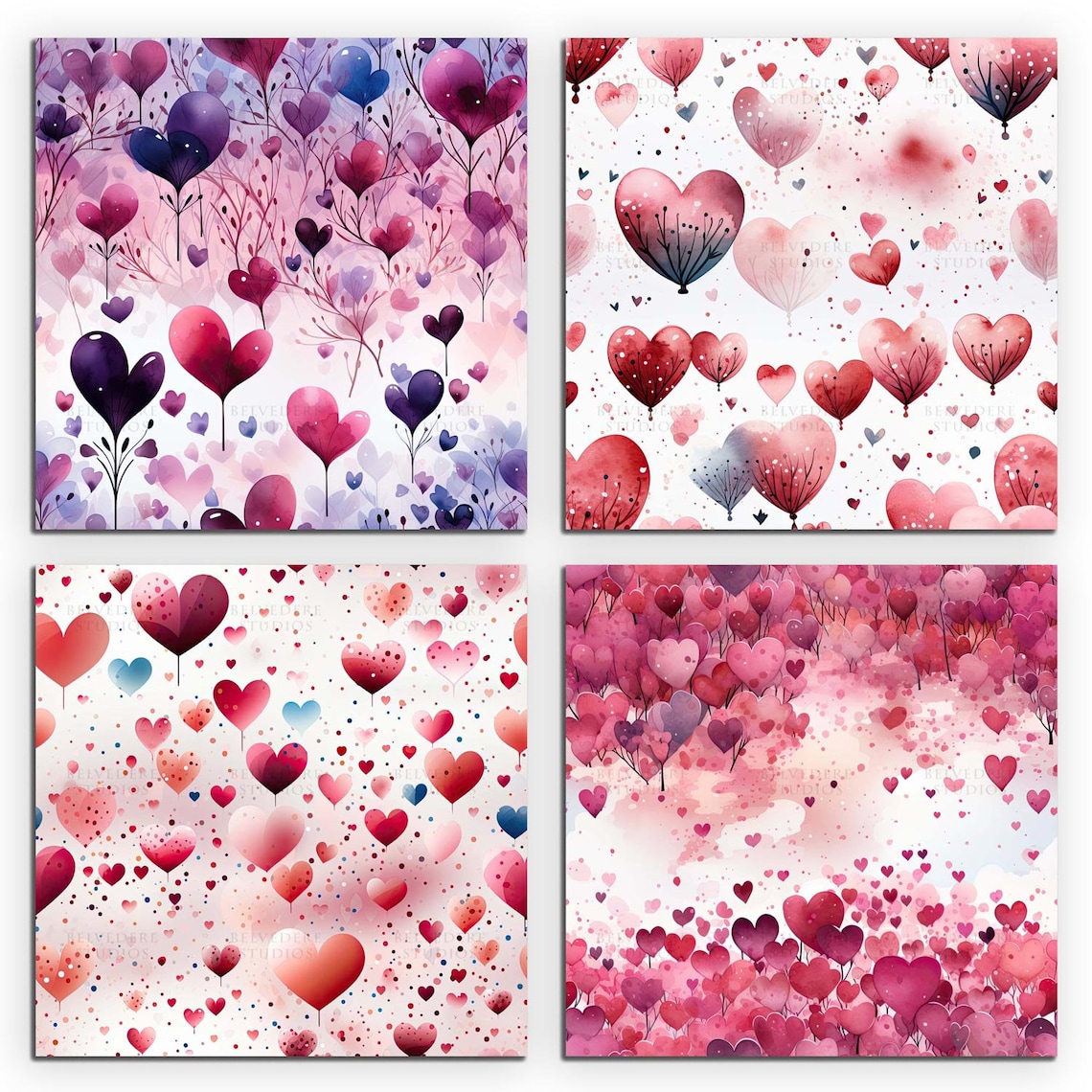 Valentine's Day Digital Paper, Romantic Watercolor Backgrounds ...