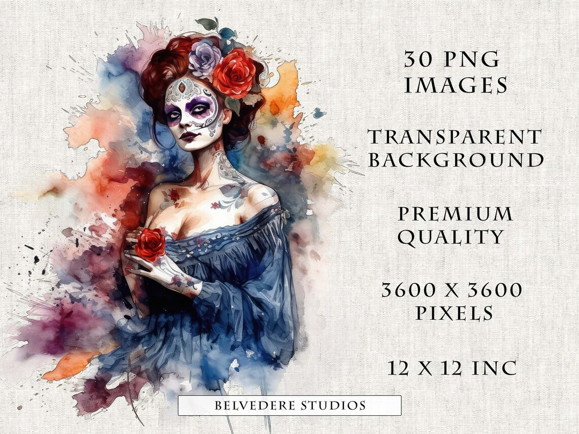 Sugar Skull Women Watercolor PNG Clipart, Dia De Los Muertos Clipart ...