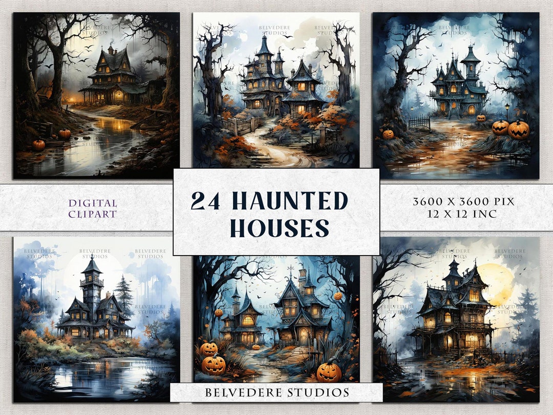 Haunted Houses Clipart, Halloween Watercolor Witch Houses Clipart ...
