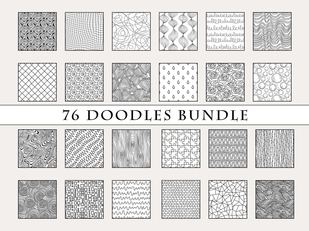 Black & White Digital Paper Doodles Bundle, Hand Drawn Seamless ...