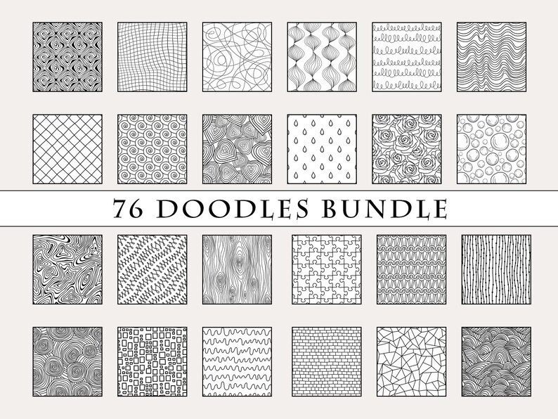 Black & White Digital Paper Doodles Bundle, Hand Drawn Seamless ...