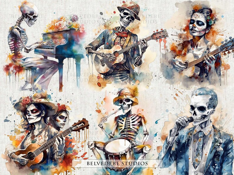 Watercolor Skeletons Musicians PNG Clipart, Day of the Dead Skeletons ...