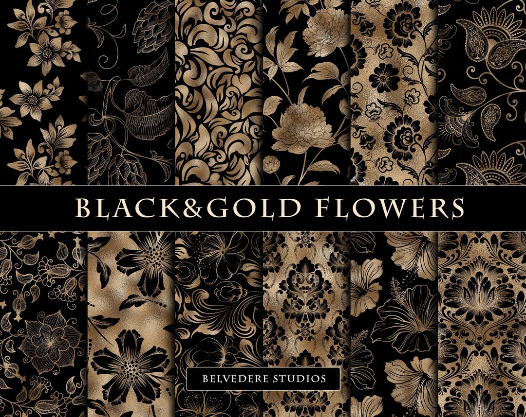 Black&gold Digital Paper, Flowers Patterns, Gold Flowers, Scrapbooking ...