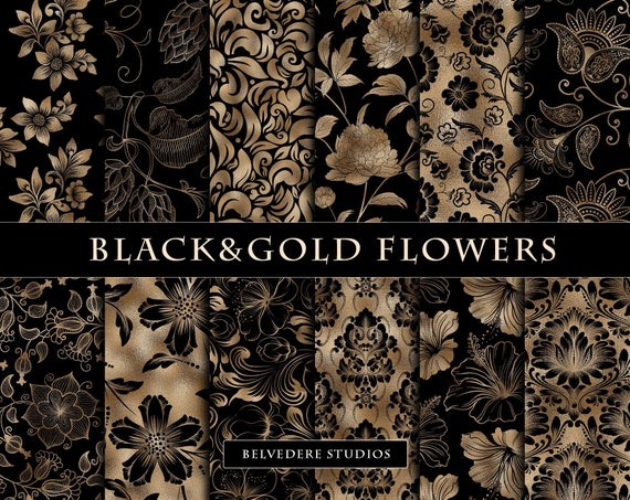 Black&gold Digital Paper Flowers Patterns Gold Flowers - Etsy
