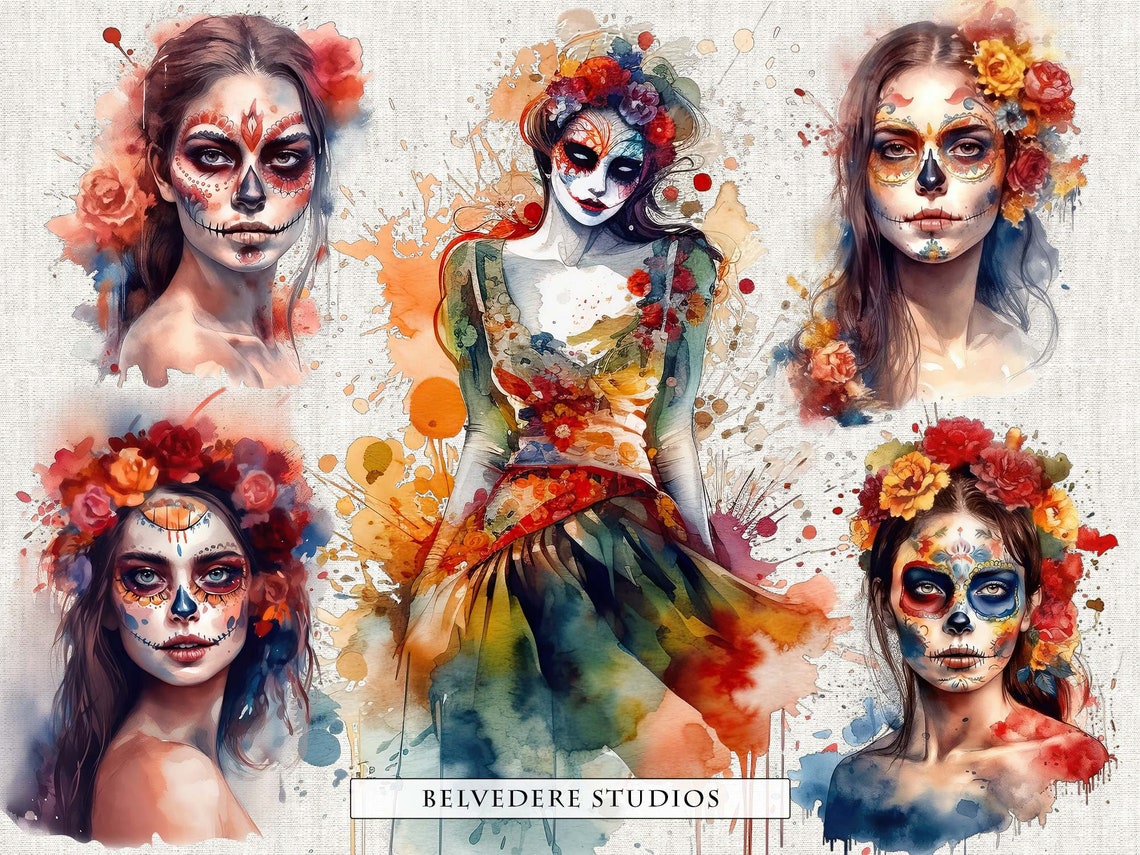 Sugar Skull Women Watercolor PNG Clipart, Dia De Los Muertos Clipart ...