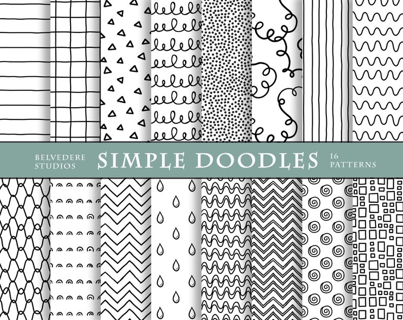 Black & White Digital Paper Doodles Bundle, Hand Drawn Seamless ...