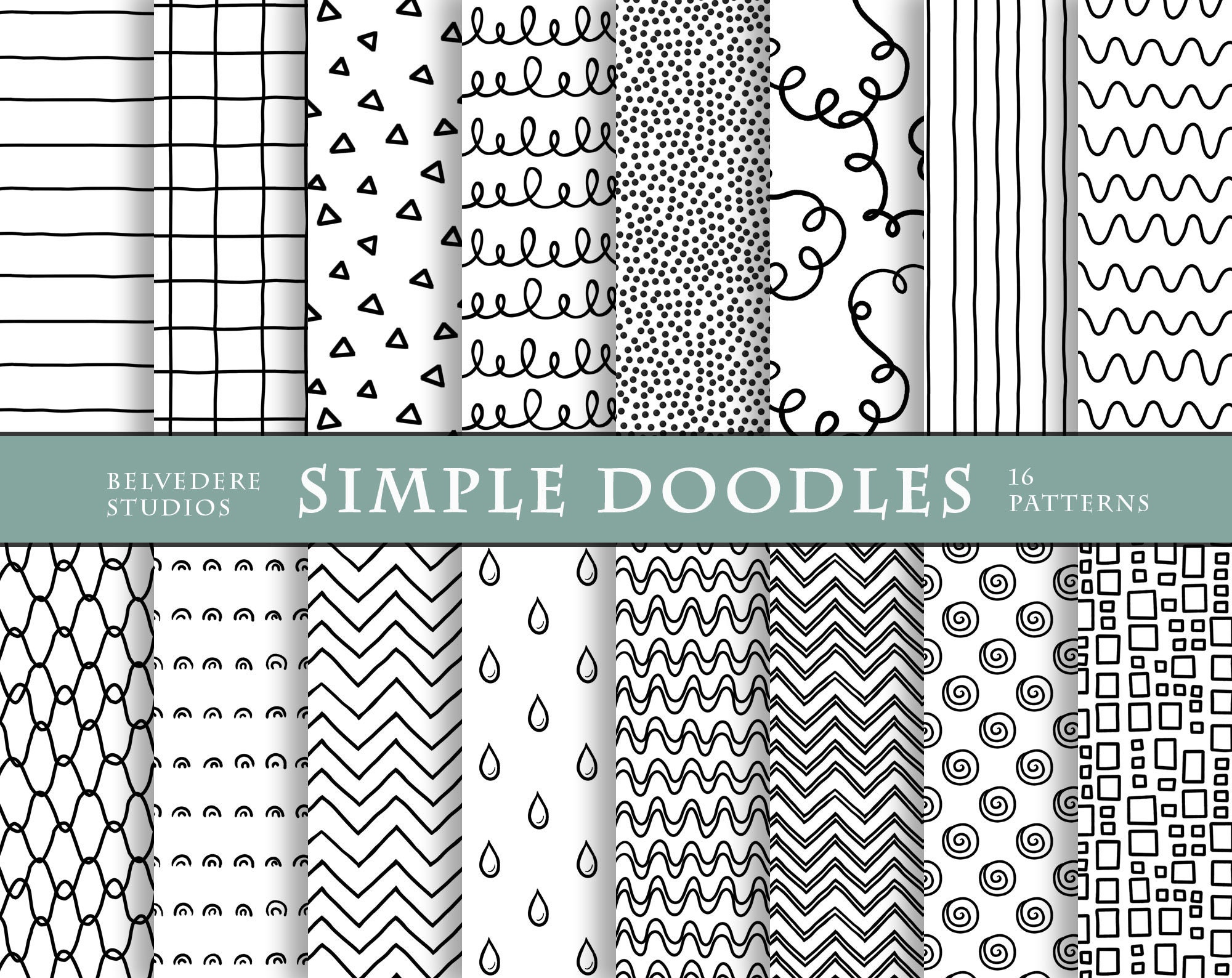 Black & White Digital Paper Doodles Bundle, Hand Drawn Seamless ...