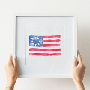 Vintage American Flag Watercolor Art Print Patriotic Painting, Fourth ...