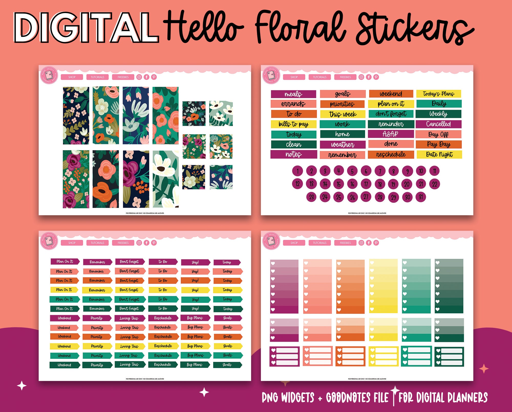 Hello Floral Stickers Digital Stickers Goodnotes Stickers - Etsy