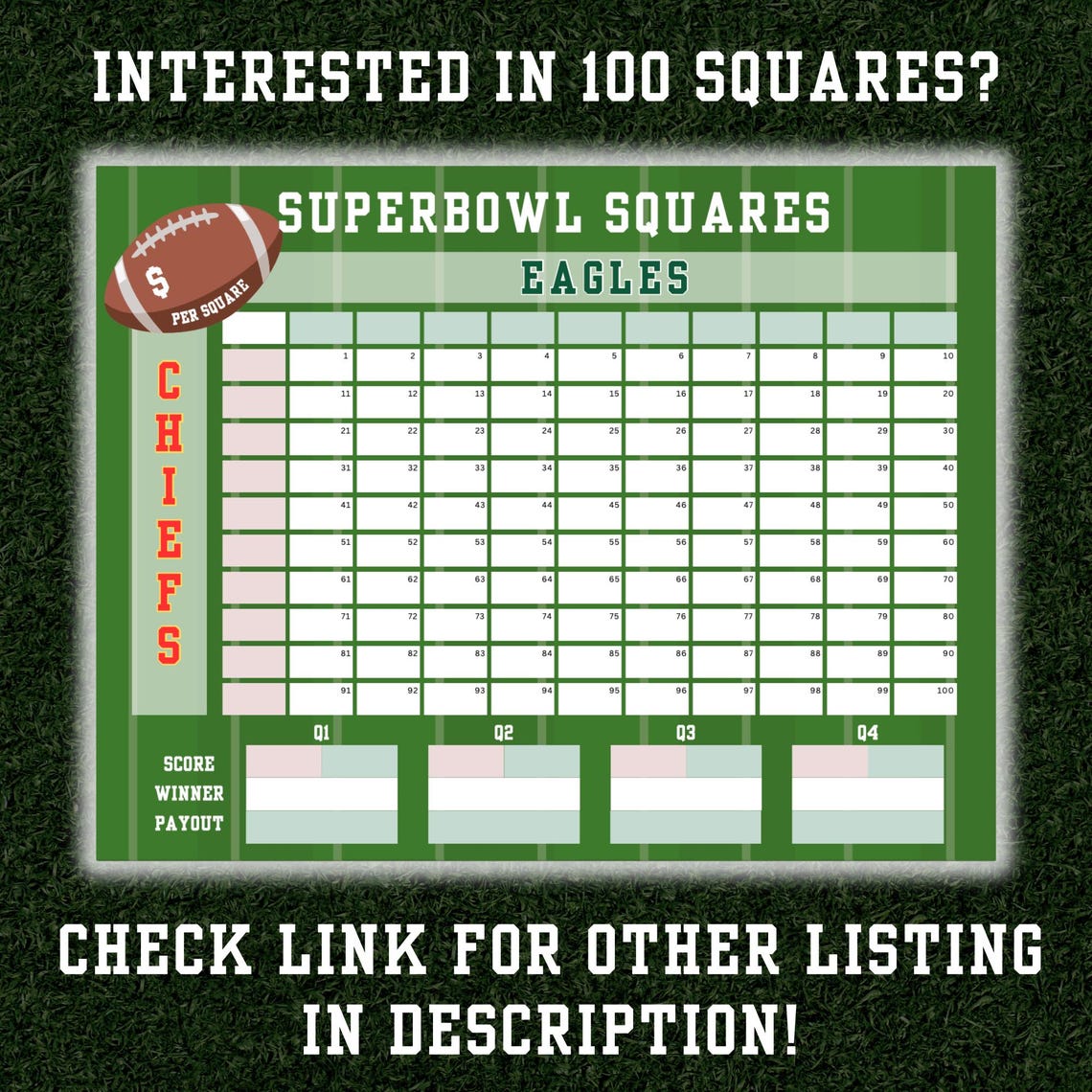 50 Superbowl Squares, Printable Template, Football Squares Instant Download, Fundraiser, Betting ...