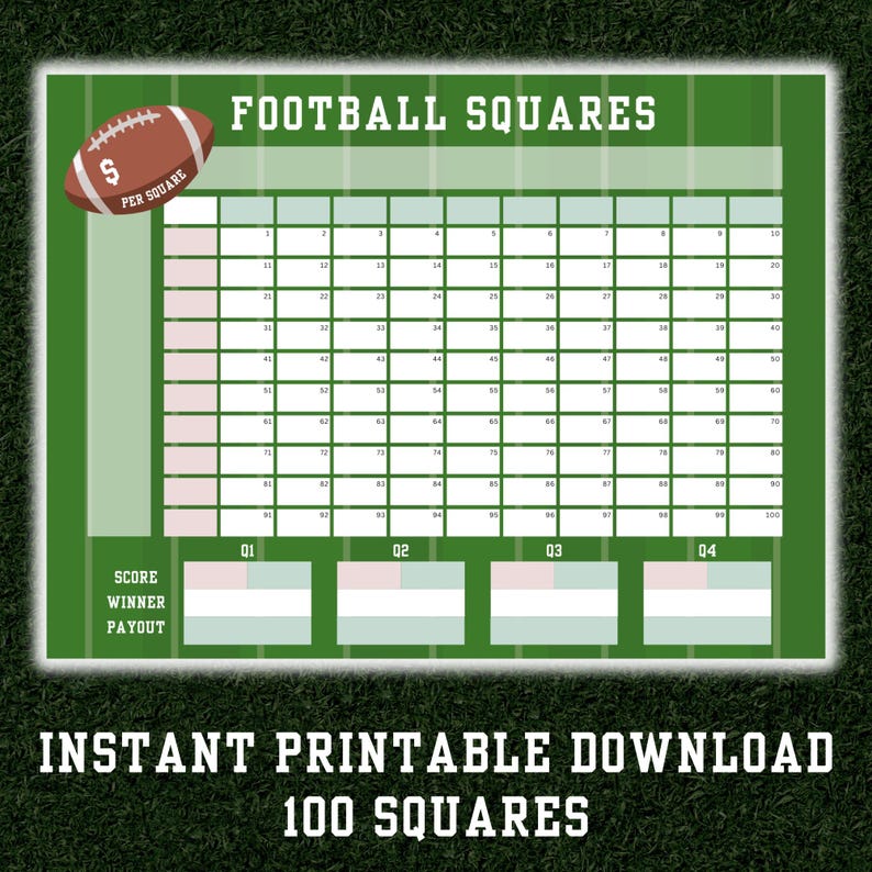 100 Football Squares, Printable Template, Football Squares Instant ...