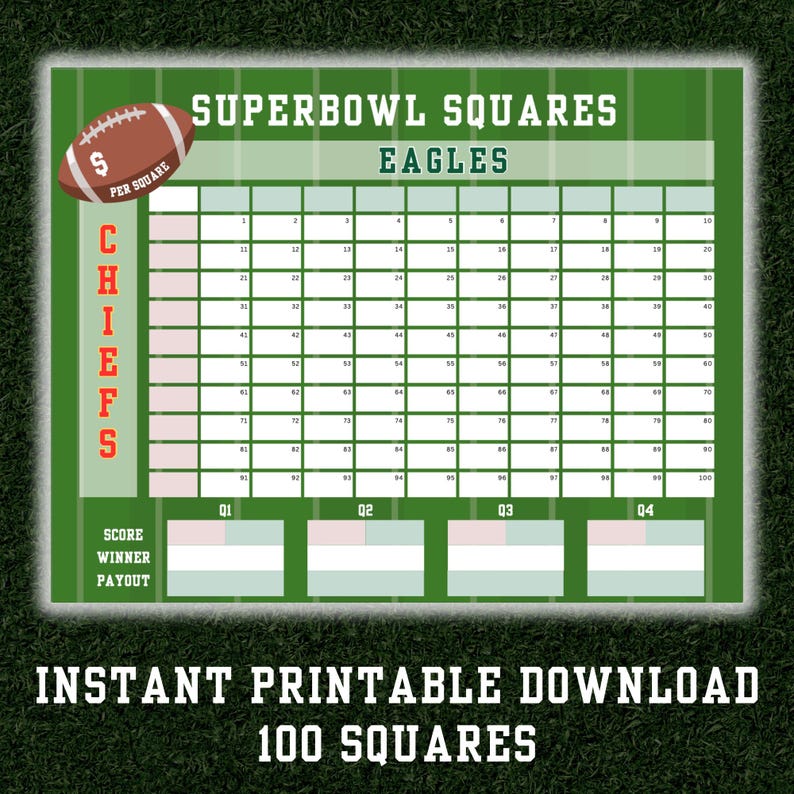 100 Superbowl Squares, Printable Template, Football Squares Instant ...