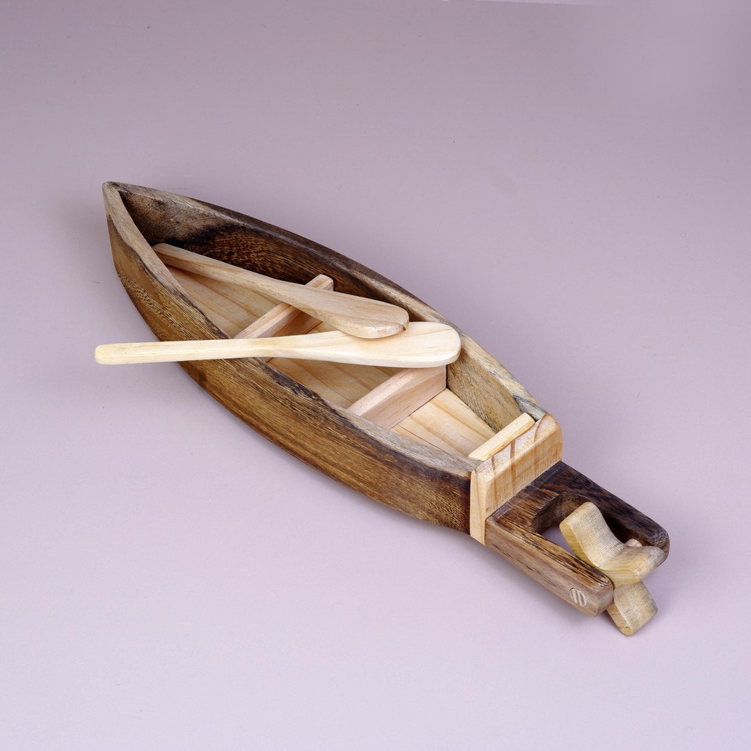 Wooden Boat Toy - Rustic Rowboat With Oars Figurine - Etsy