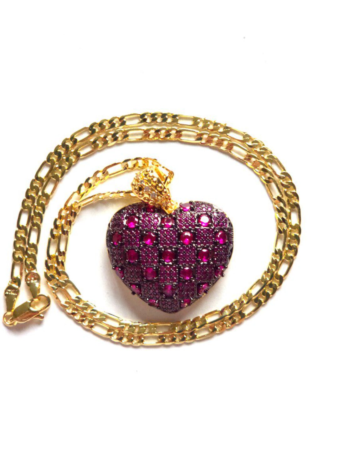 Iced Out Purple Heart Necklace Set | Gold Vermeil Figaro Chain Set - Etsy