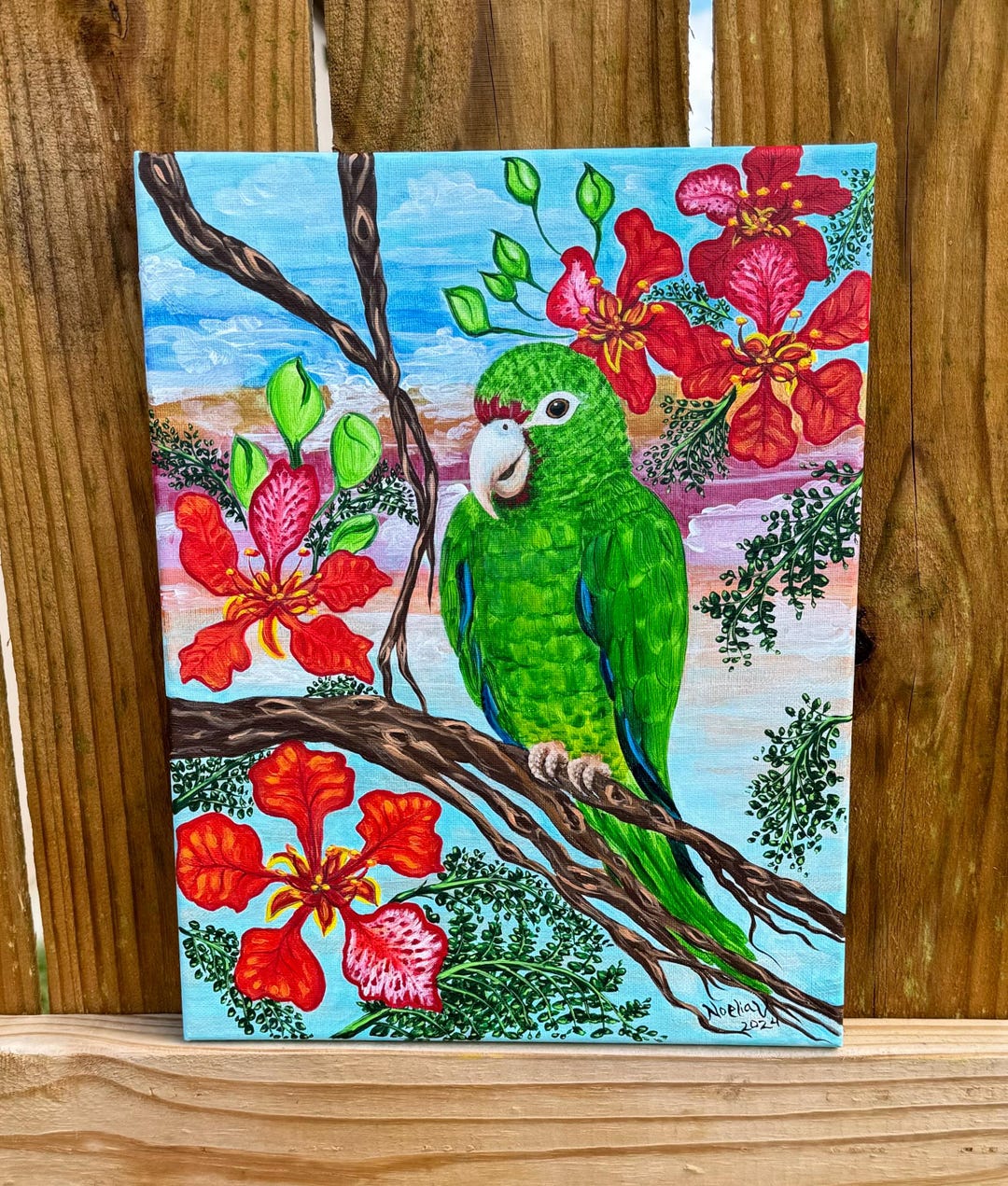 Puerto Rican Parrot and Flamboyan Acrylic Painting - Etsy