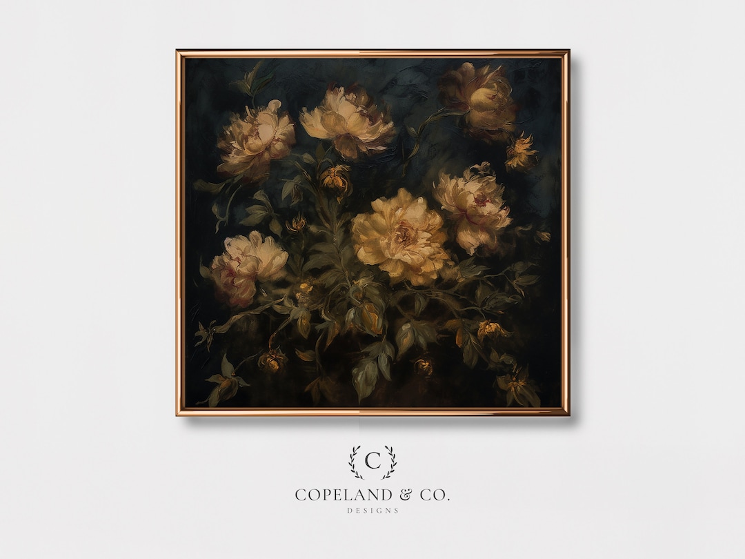 Golden Moody Floral Painting Printable Art | Botanical Oil Painting | Moody Floral Art | Dark ...
