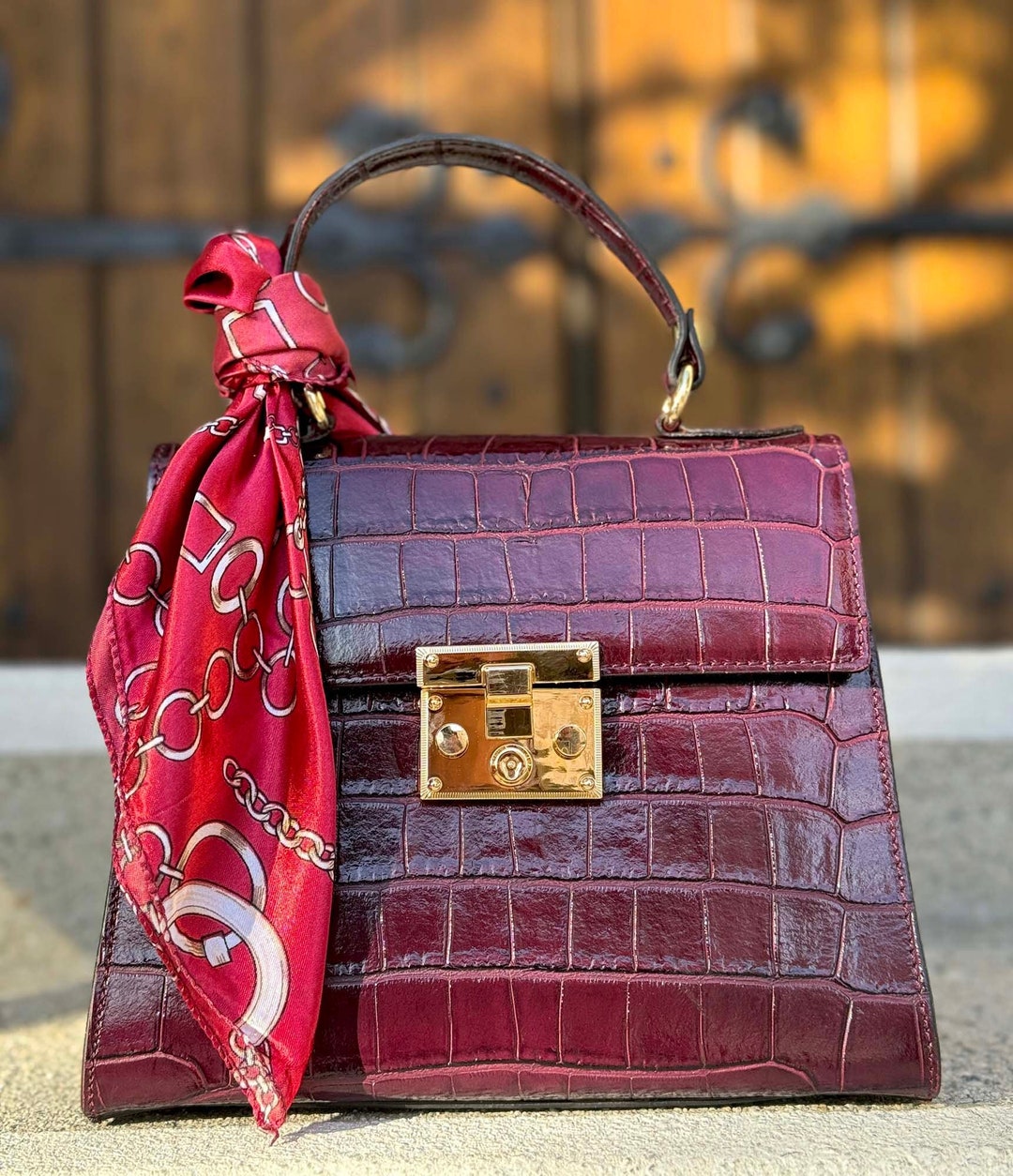 Sali Bordeaux Print Crocodile Top Handle Bag, Genuine Italian Leather ...