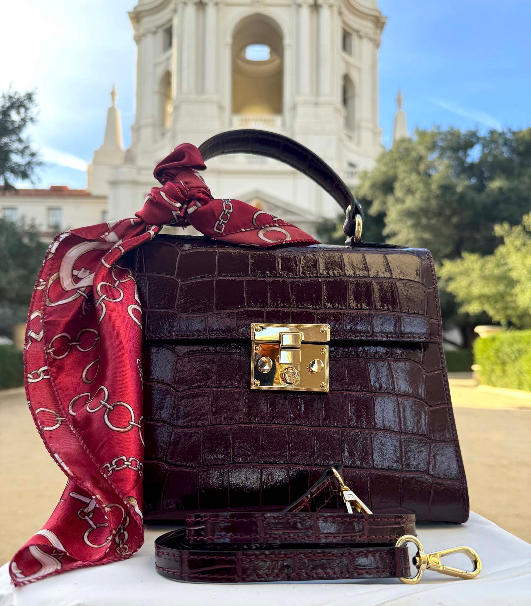 Sali Bordeaux Print Crocodile Top Handle Bag, Genuine Italian Leather ...