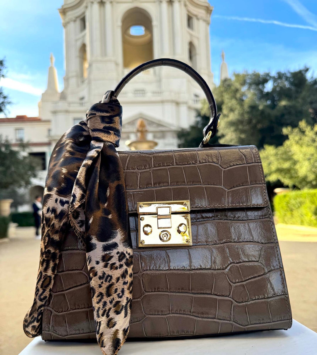 Sali Grey Print Crocodile Top Handle Bag, Genuine Italian Leather, Top ...