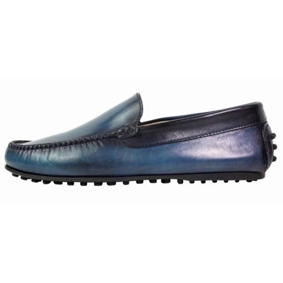 Italian Handmade Men's Leather Boot / Driver Blue Italian Moccasin ...