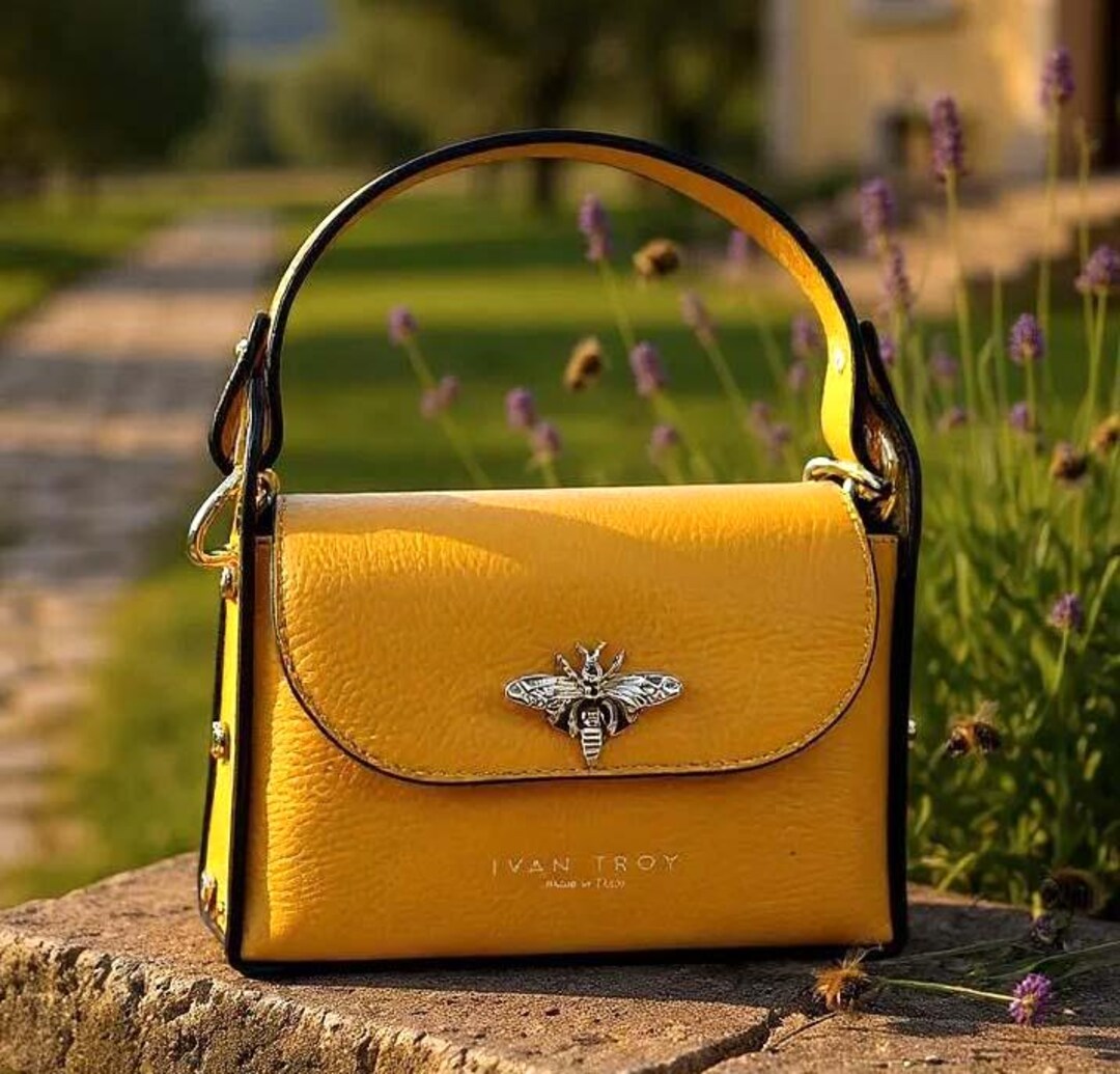 Butterfly Yellow Italian Leather Top Handle Handbag, Bag With Butterfly ...