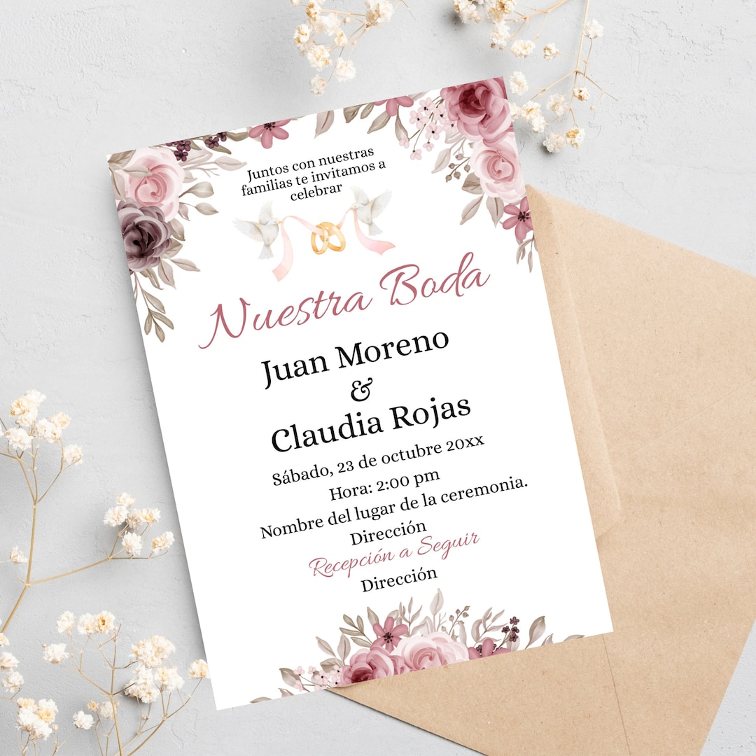 Spanish Blush-burgundy Floral Wedding Printable Invitation Template ...
