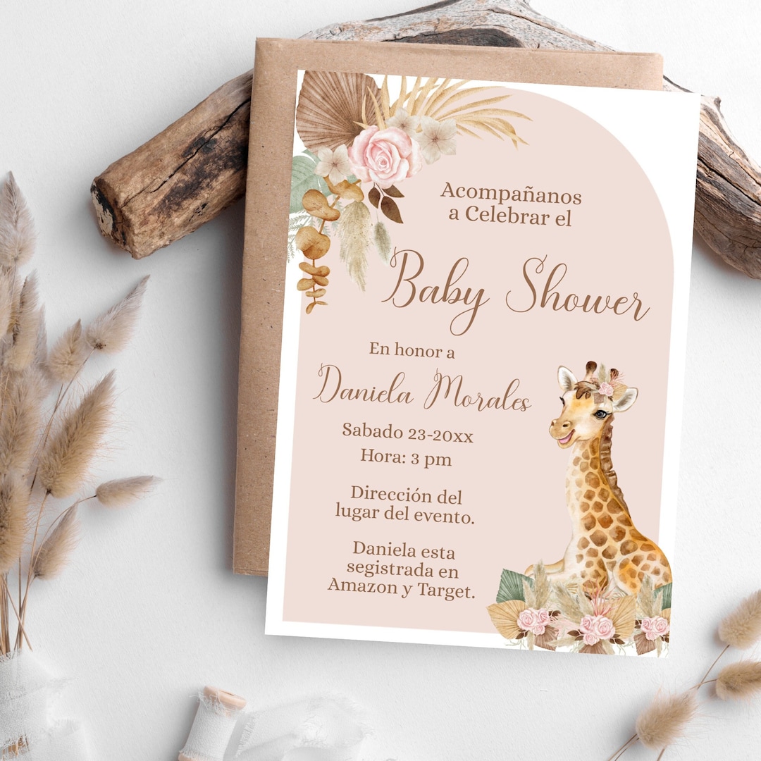 Spanish Baby Shower Printable Invitation for Girl - Giraffe Pink Boho ...