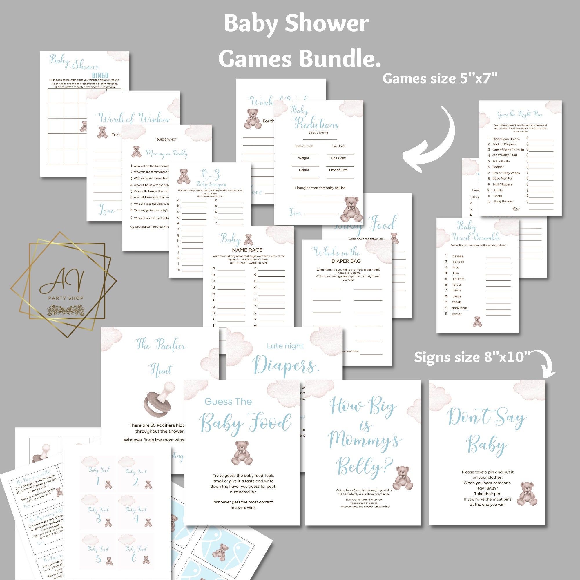 BOYS Teddy Bear Baby Shower Games Bundle Boho Bohemian Blue - Etsy