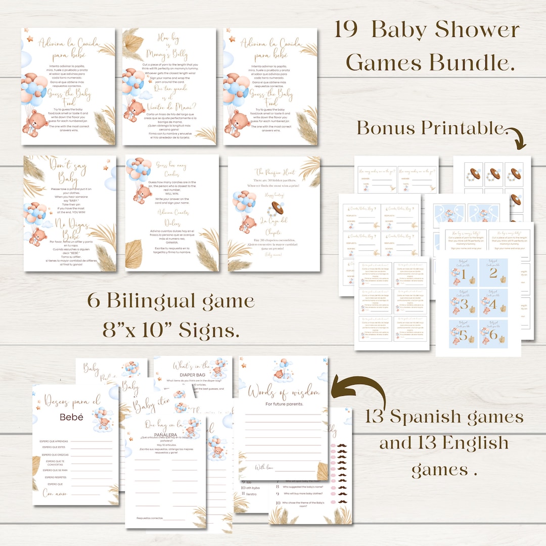 Bilingual Boys Baby Shower Games, 19 Printable Games, Baby Shower ...