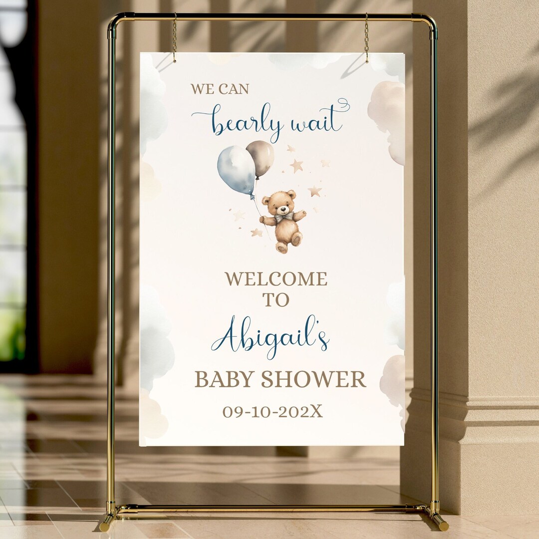 Editable Boys Teddy Bear and Balloons Boho Baby Shower Welcome Sign ...