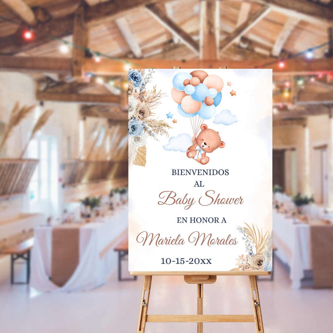 Editable Spanish Blue Teddy Bear Boho Baby Shower Welcome Sign for Boy ...