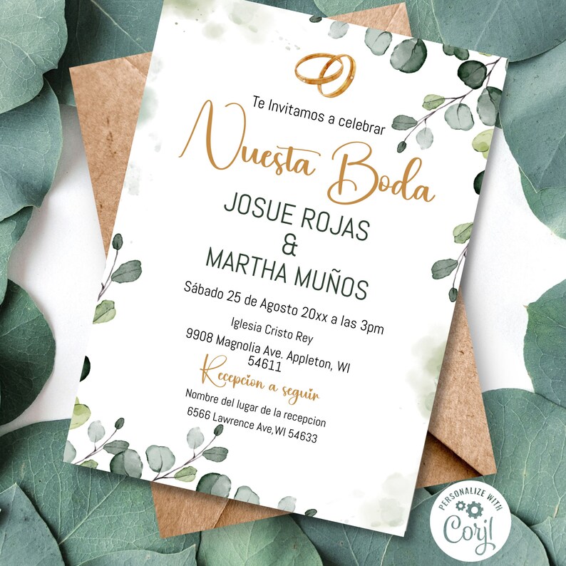 Spanish Greenery Wedding Invitation Template Eucalyptus - Etsy