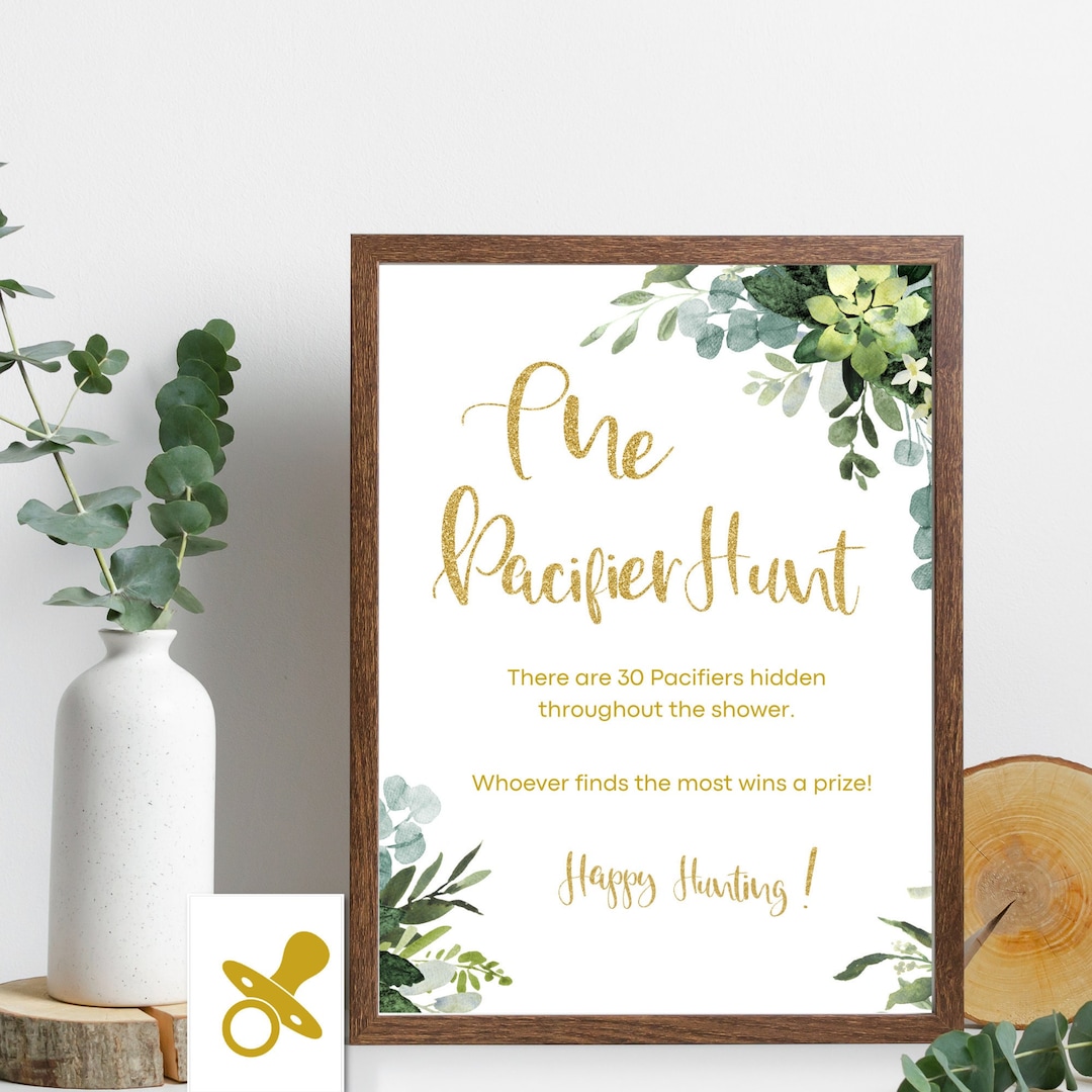 Pacifier Hunt Baby Shower Game Table Sign, Boy Girl Neutral, Greenery ...