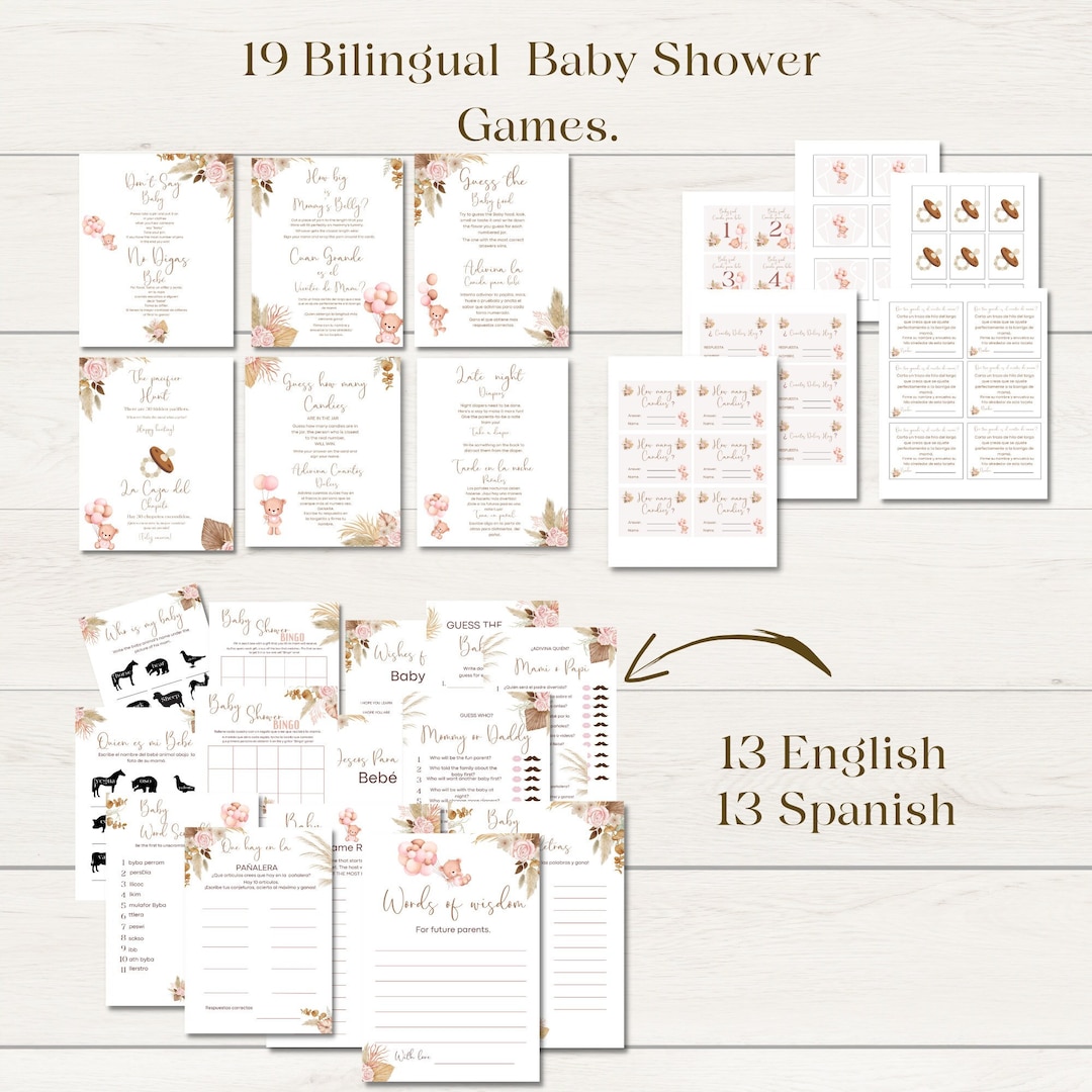 Bilingual Baby Shower Games, 19 Printable Games, Baby Shower Activity ...