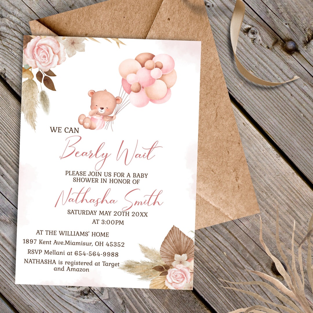 Editable Teddy Bear Baby Shower Invitation-pink Boho We Can Bearly Wait ...