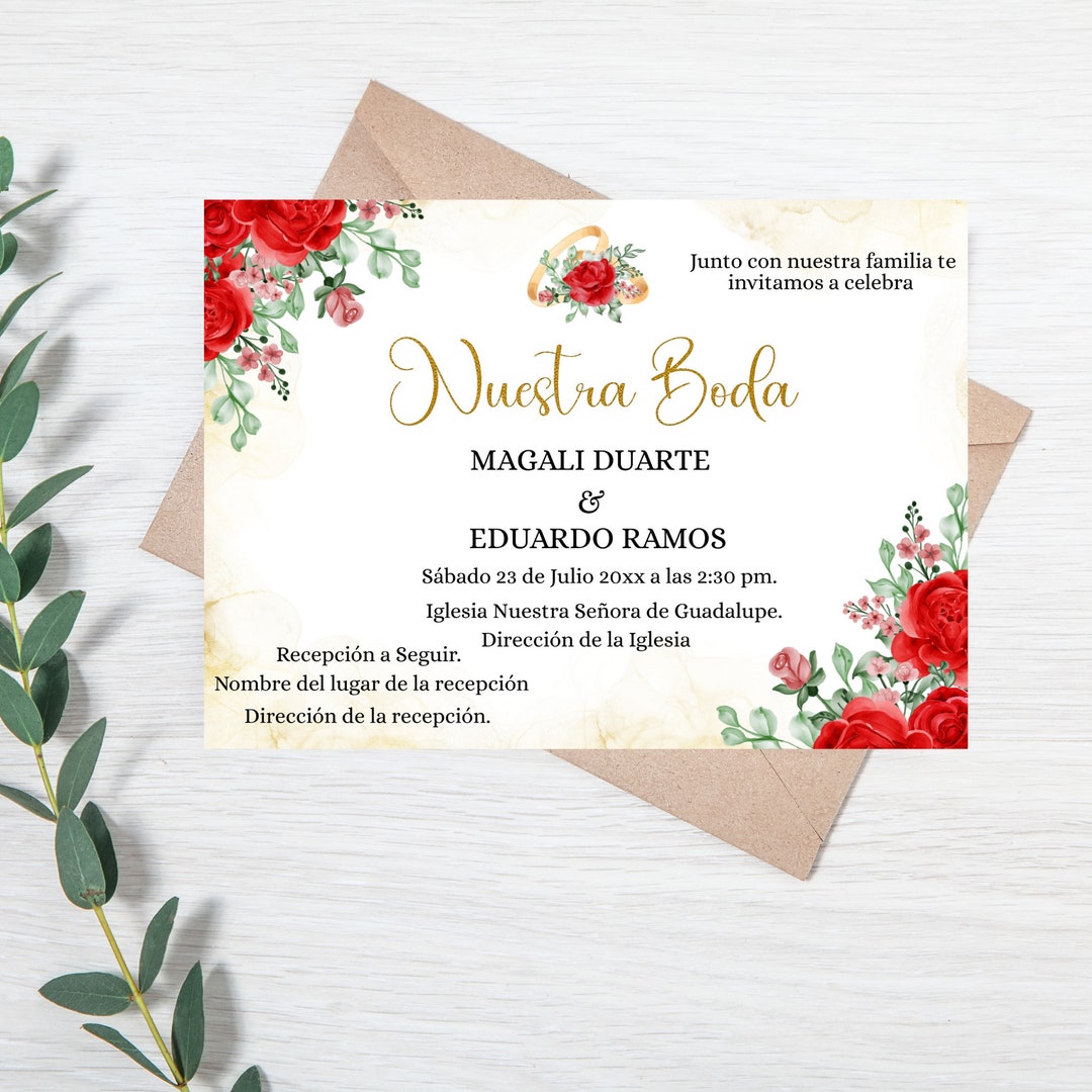 Spanish Modern Red Floral Printable Wedding Invitation Template, Red ...