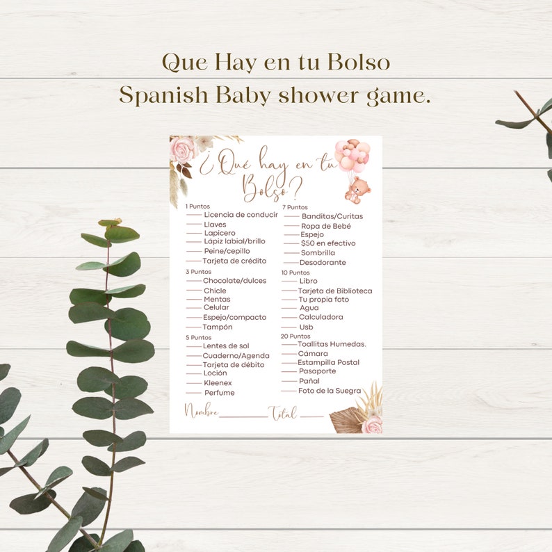 Spanish Que Hay En Tu Bolso Baby Shower Game, Teddy Bear Pink Boho Girl ...