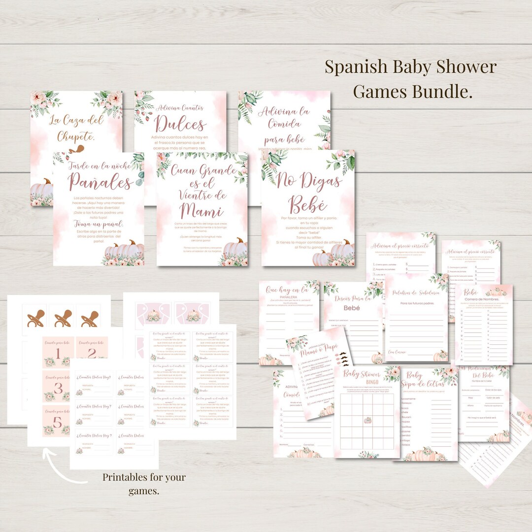 Spanish Blush Pink Pumpkins Baby Shower Games Bundle, Modern Floral ...