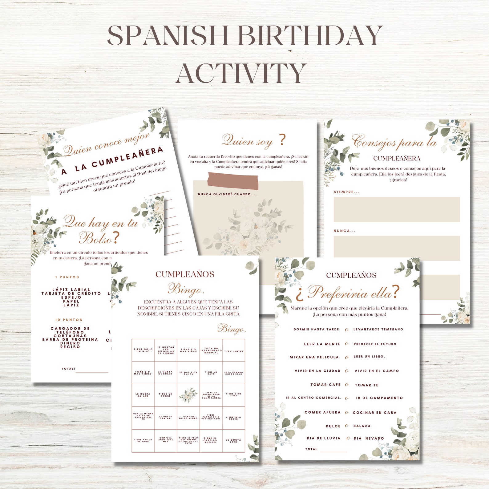 Spanish Birthday Activity Bundle-printable Adults Women Birthday ...