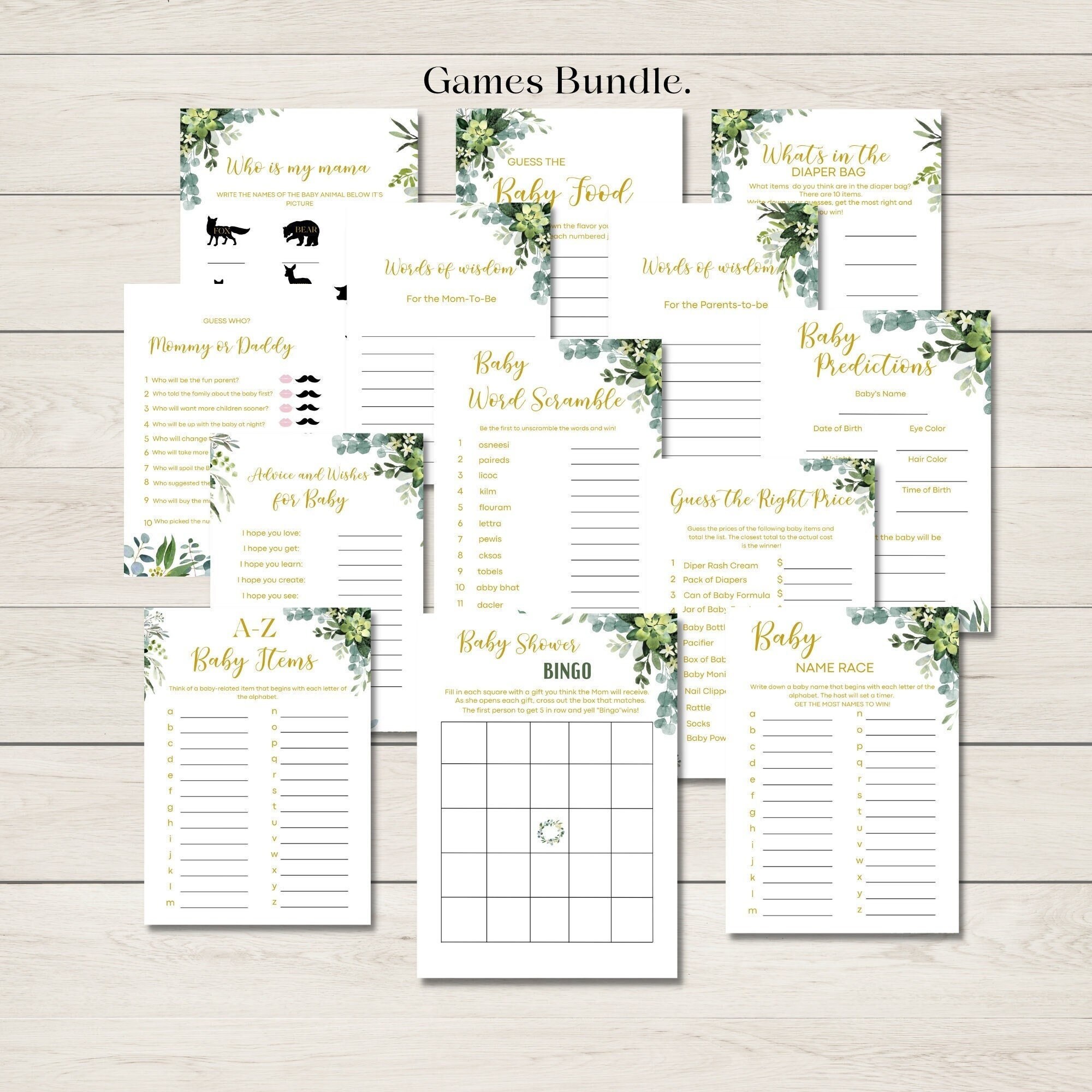 Greenery Baby Shower Games Bundle Foliage Eucalyptus - Etsy