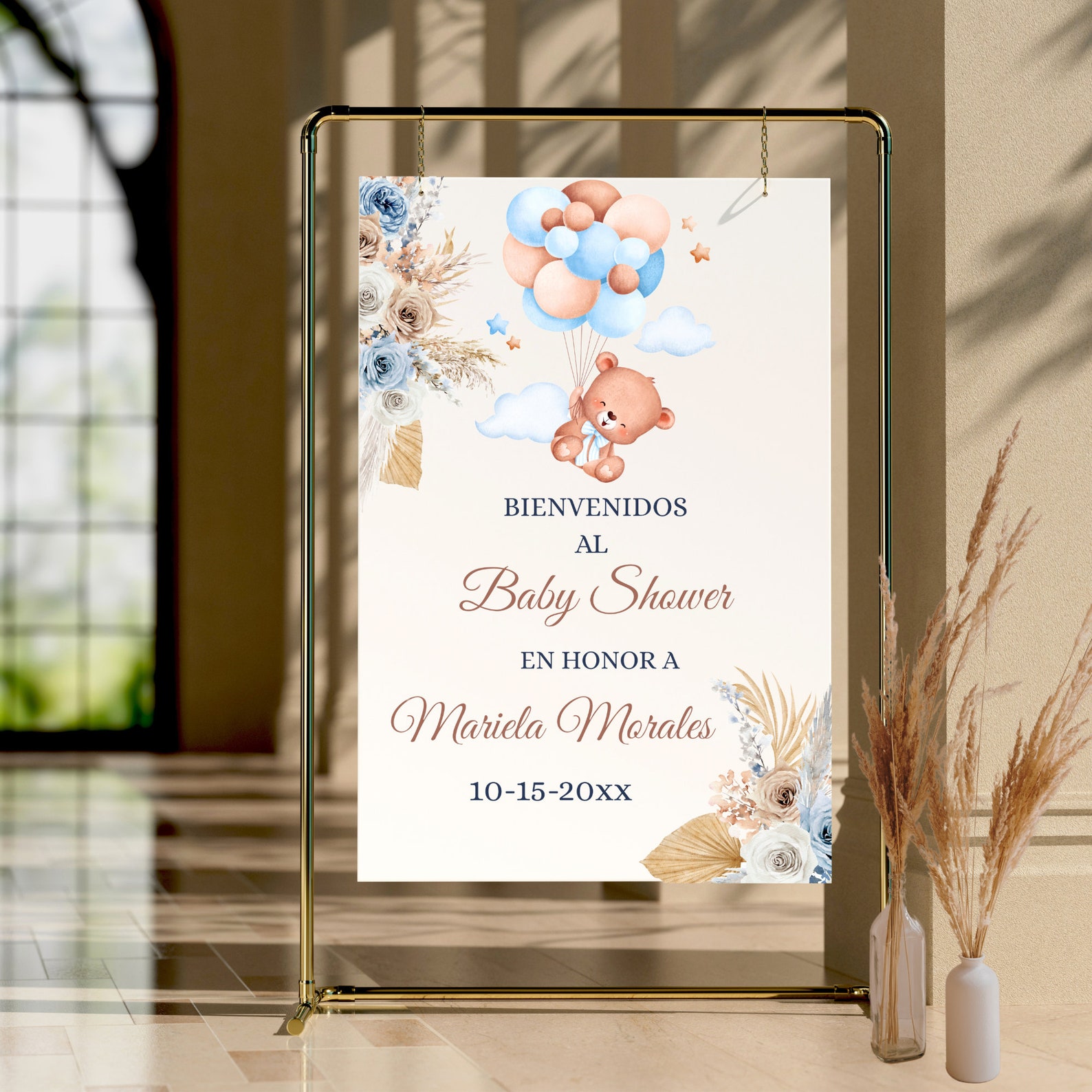 Editable Spanish Blue Teddy Bear Boho Baby Shower Welcome Sign for Boy ...