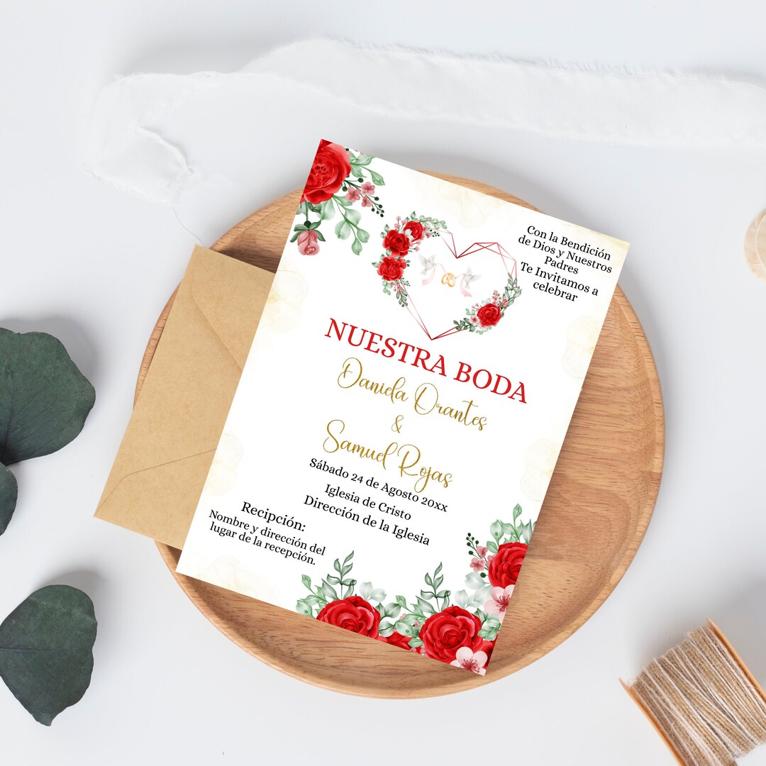 Spanish Red Floral Printable Wedding Invitation Template, Red Roses ...