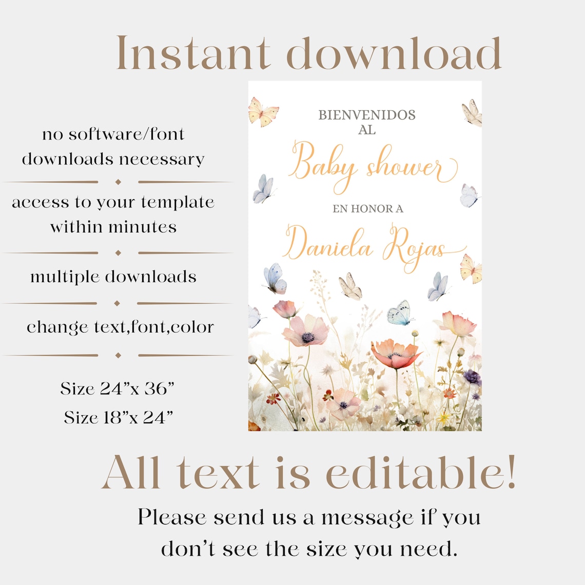 Editable Spring Spanish Baby Shower Welcome Sign- Printable ALL Text ...