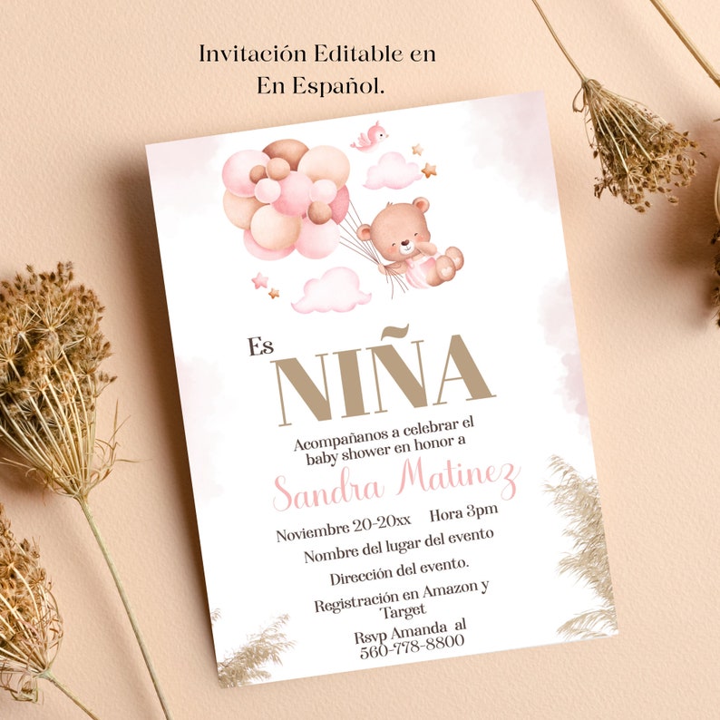 Spanish Baby Shower Printable Invitation for Girl - Invitación De Teddy ...