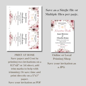 Spanish Blush-burgundy Floral Wedding Printable Invitation Template ...