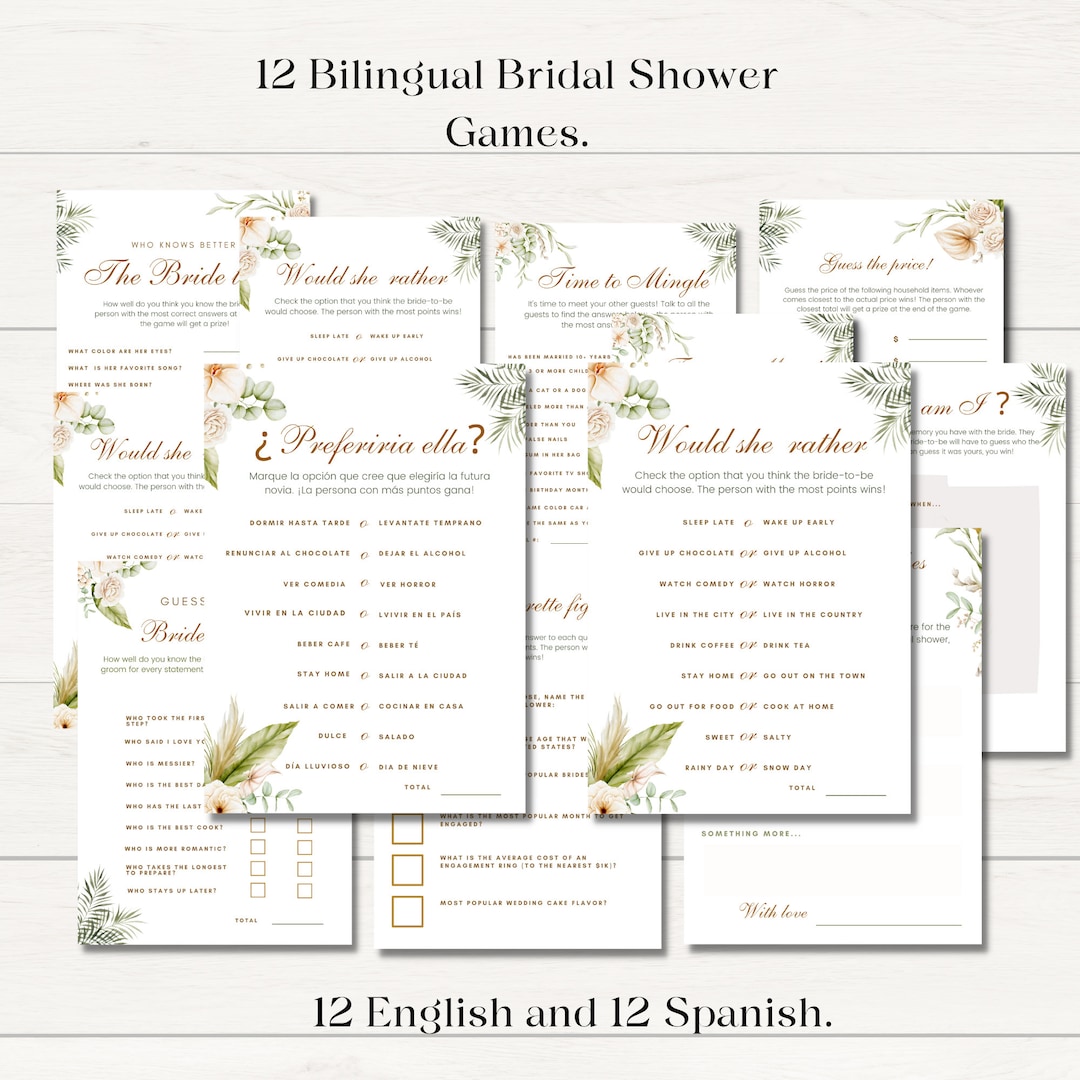 Spanish and English Printable Bridal Shower Games Set, Bilingual Bridal ...