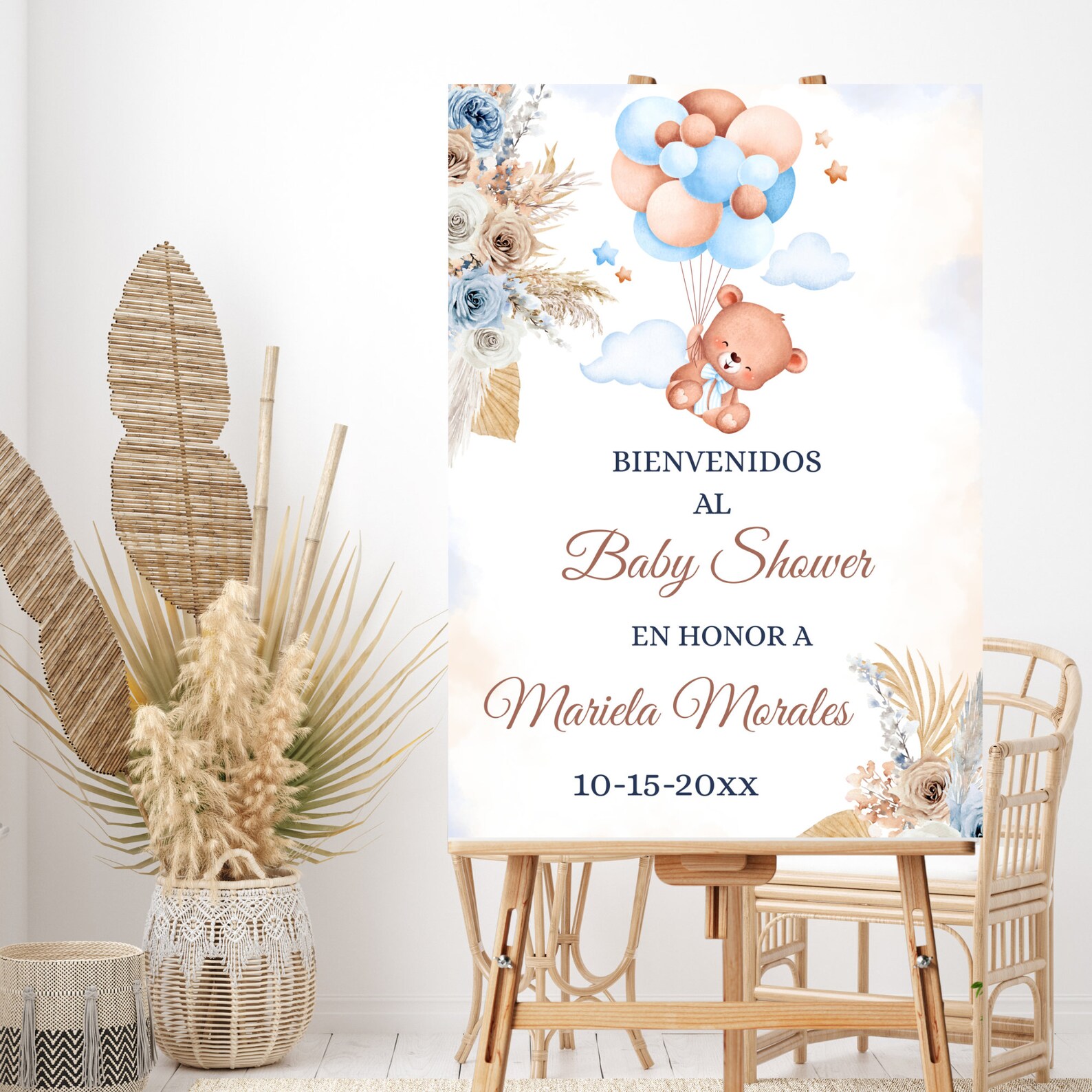 Editable Spanish Blue Teddy Bear Boho Baby Shower Welcome Sign for Boy ...