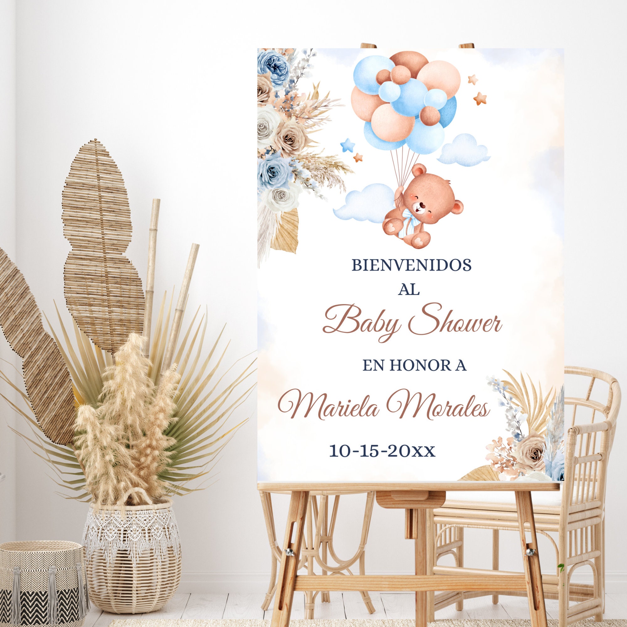 Editable Spanish Blue Teddy Bear Boho Baby Shower Welcome Sign for Boy ...