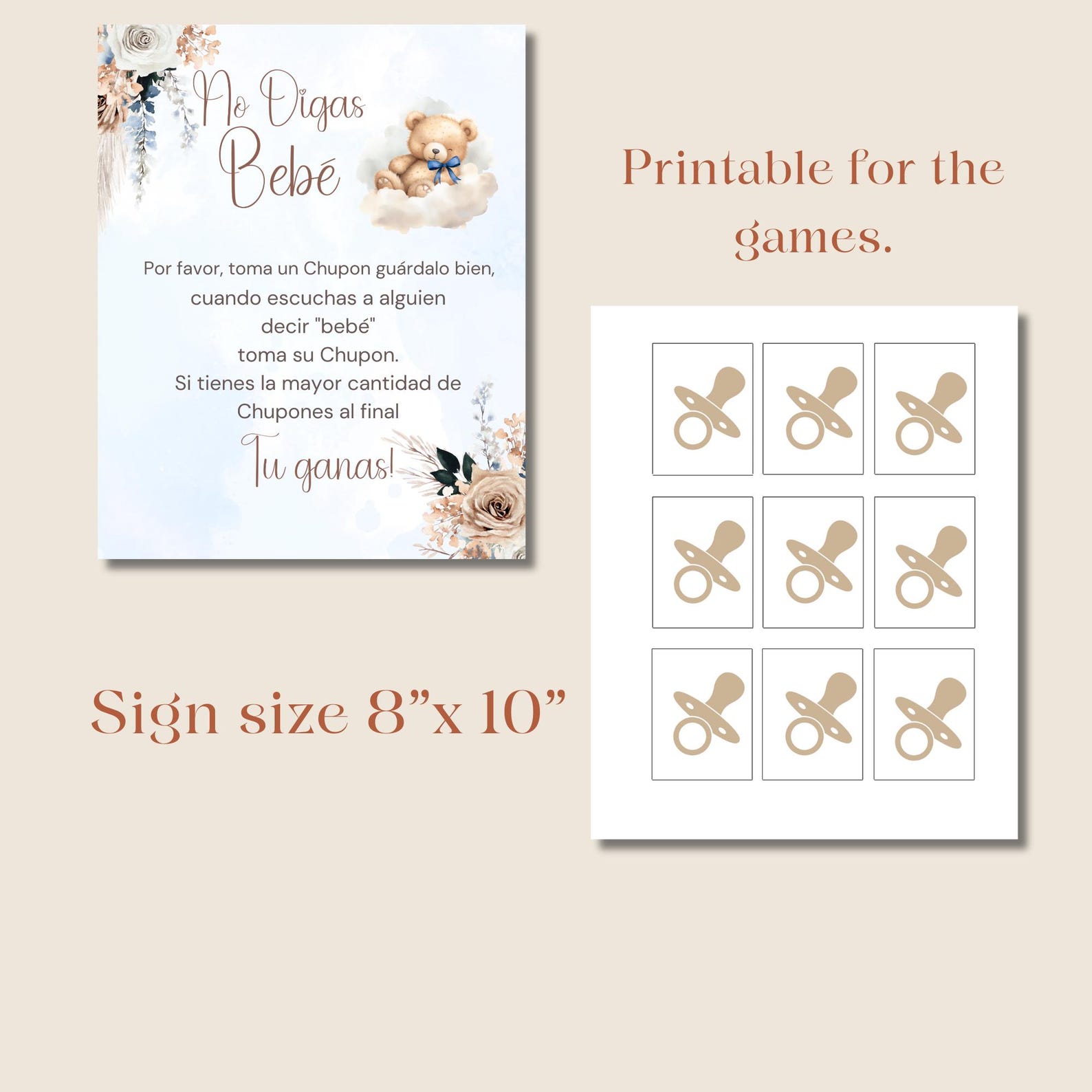 Spanish Boys Teddy Don't Say Baby Boho Baby Shower Game Sign, Flora ...