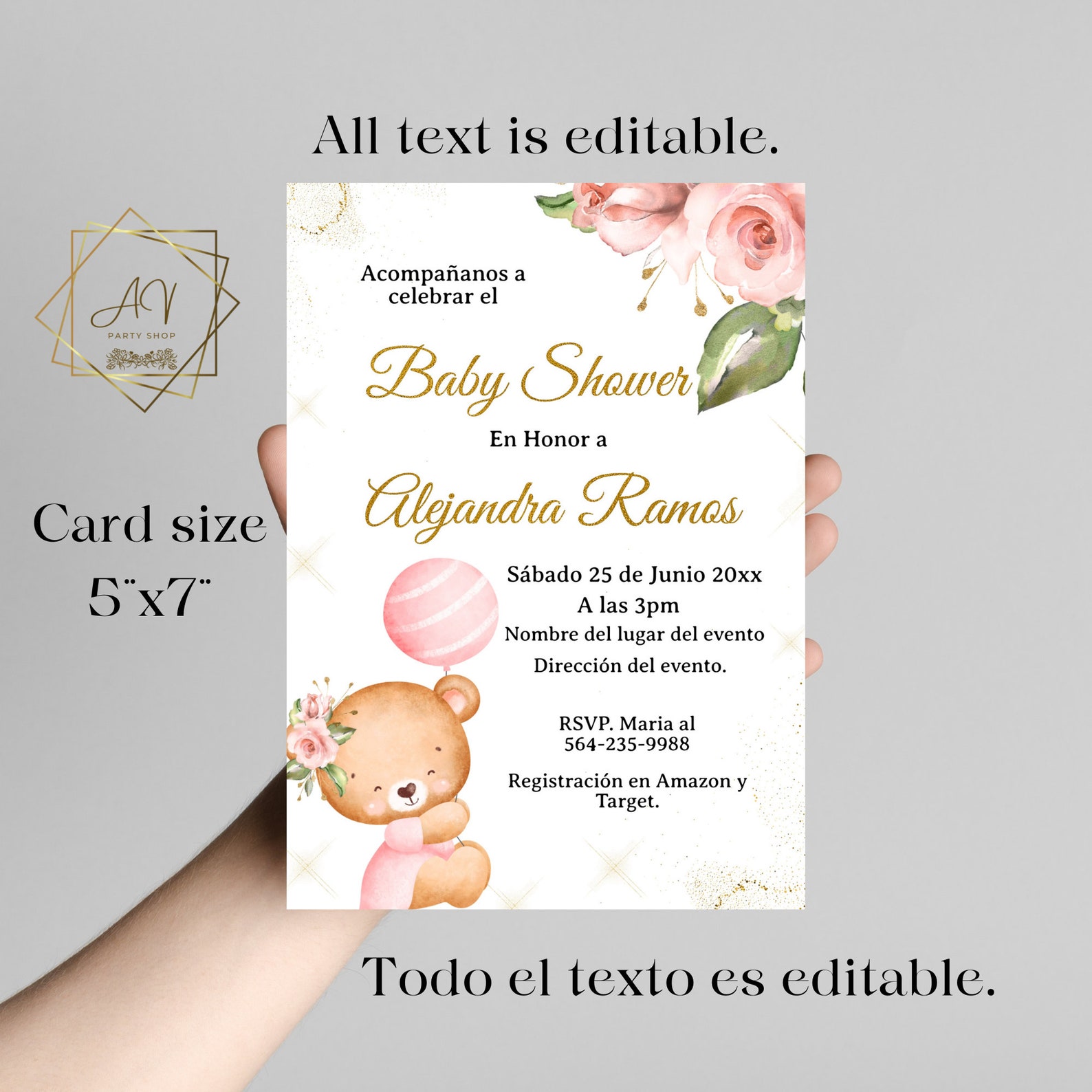 Spanish Girl Blush Pink Floral Teddy Bear Baby Shower Invite, Modern ...
